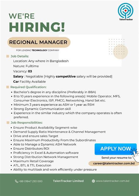 Shafiqul Islam On Linkedin Talentracker Limited Is Hiring Regional Manager For A Leading