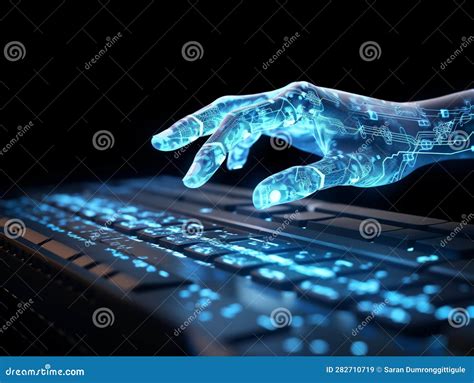robotic hands typing on a virtual holographic keyboard a picture of
