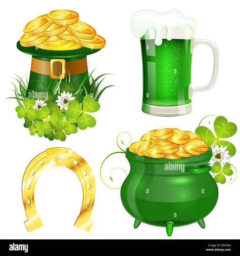 St Patrick Day Symbols With Hat Gold Coins Clover Leaf Pot