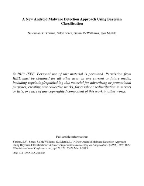 Pdf A New Android Malware Detection Approach Using Bayesian