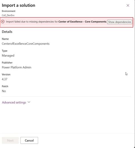 Import Failed Due To Missing Dependencies For Center Of Excellence Core Components In Power Apps