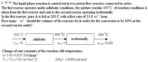 A B The Liquid Phase Reaction Is Carried Out In Two Piston Flow Reactors Connected In Series