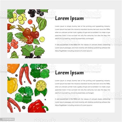 야채와 열매가있는 두 개의 배너 템플릿 세트 텍스트용 비타민 C 공간 스톡 일러스트레이션 농민 시장 홍보를 위한 손으로 그린 사실적인 벡터 일러스트 0명에 대한 스톡 벡터