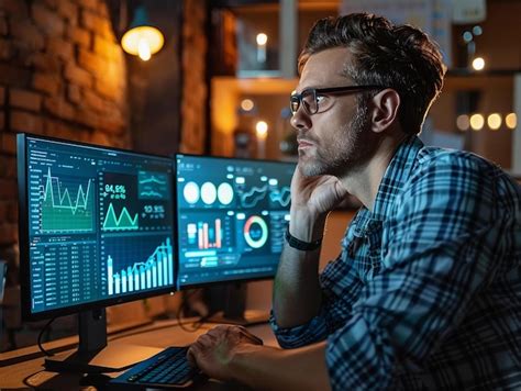 Man Analyzing Financial Data On Computer Monitors At Night Premium Ai