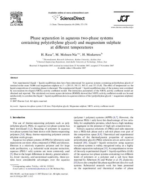 Pdf Phase Separation In Aqueous Two Phase Systems Containing Polyethylene Glycol And