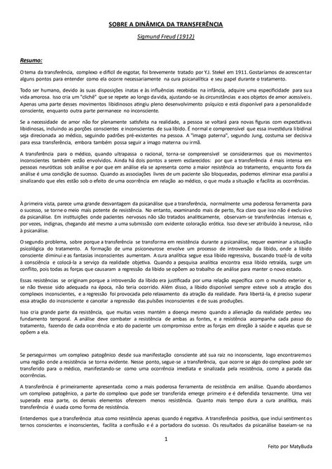 Solution Resumo De Sobre A Dinâmica Da Transferência De Freud