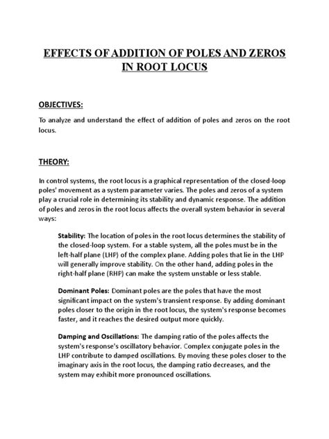 Effects Of Addition Of Poles And Zeros In Root Locus Sp Pdf Control Theory Damping