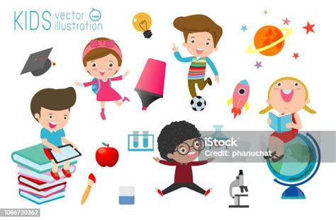 학교 애 들 교육 개념에서의 설정 교실 어린이 놀이 및 라이프 스타일 아이 아 이들이 행복 한 만화 학교 학교에 다시 벡터 일러스트 레이 션 이동 합니다 개념에 대한 스톡