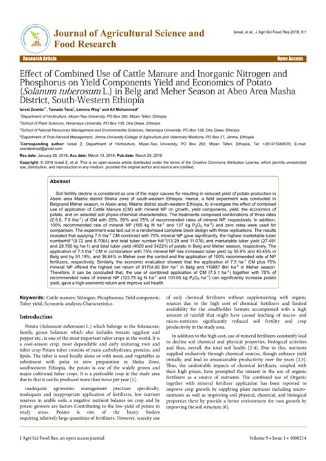 Pdf Effect Of Combined Use Of Cattle Manure And Inorganic Nitrogen Andphosphorus On Yield