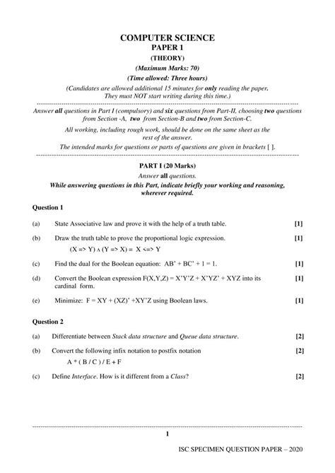 ISC Class 12 Specimen Paper 2020 for Computer Science Paper 1