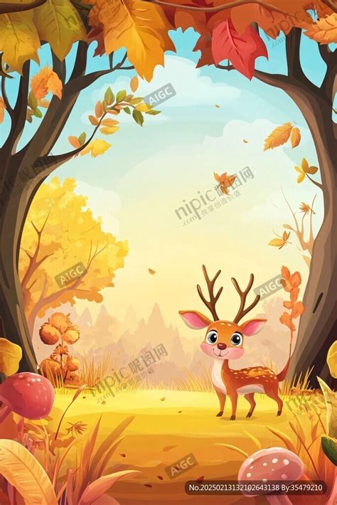 Ai创作图秋天美景插画 秋季风景插画 秋天插画手绘海报 秋天插画海报 秋高气爽插画 金秋风景插画 创意唯美麋鹿风景画 插画大自然 森林大树麋鹿
