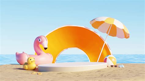 3d 렌더링 제품을 보여주기 위한 빈 디스플레이 연단이 있는 여름 해변 장면 플라밍고 플로트 우산 및 주황색 풍선 링 3차원 형태에 대한 스톡 사진 및 기타 이미지 Istock