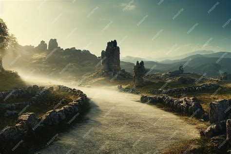 고대 유적 사이의 황량한 길에 대한 래스터 그림 고대 잊혀진 문명은 그리스나 로마의 오래된 석조 건물을 도시나 성 3d 렌더링으로 연결합니다 프리미엄 사진