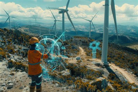 Wind Turbine Technician Uses Augmented Reality For Maintenance Stock