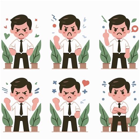 간단한 평평한 디자인 스타일의 분노한 사람들의 캐릭터 세트 프리미엄 벡터