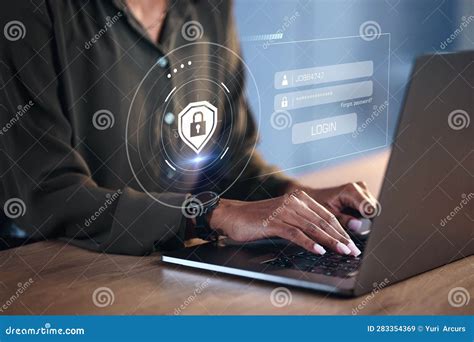 Hands Woman On Laptop And Hologram For Login Cyber Security Software Or Code It Typing And
