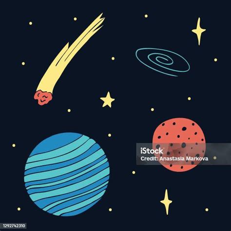 두 행성 줄무늬 가스 거 대 한 파란색 점선 구호와 두 번째 빨간색 우주 노란 별 비행 혜성과 은하에서 볼 수 있습니다 어두운 배경에 컬러 일러스트레이션 개념에 대한 스톡