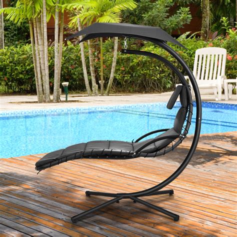 Hanging Curved Steel Swing Chaise Lounger With Removable Canopy And