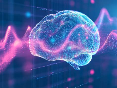 digital blue glowing brain with pulsating pink eeg waveforms