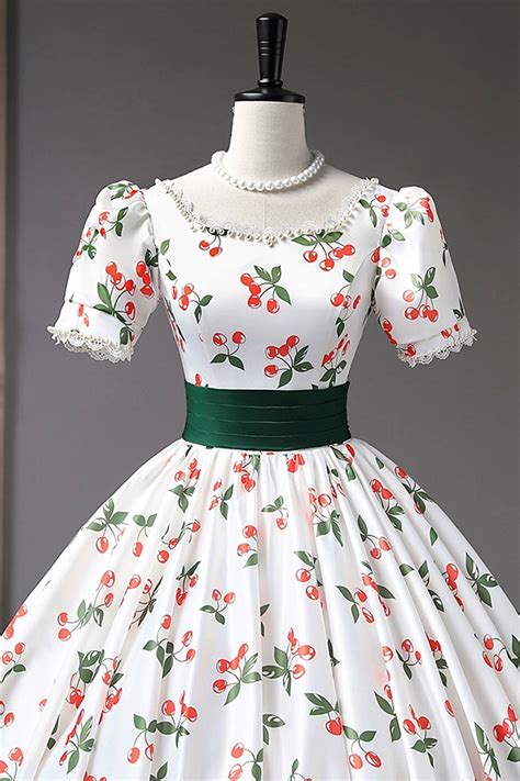 Cute Cherry Pattern Long Princess Prom Dress White A Line Evening Par