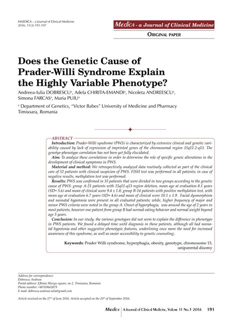 Pdf Does The Genetic Cause Of Prader Willi Syndrome Explain The Highly Variable Phenotype
