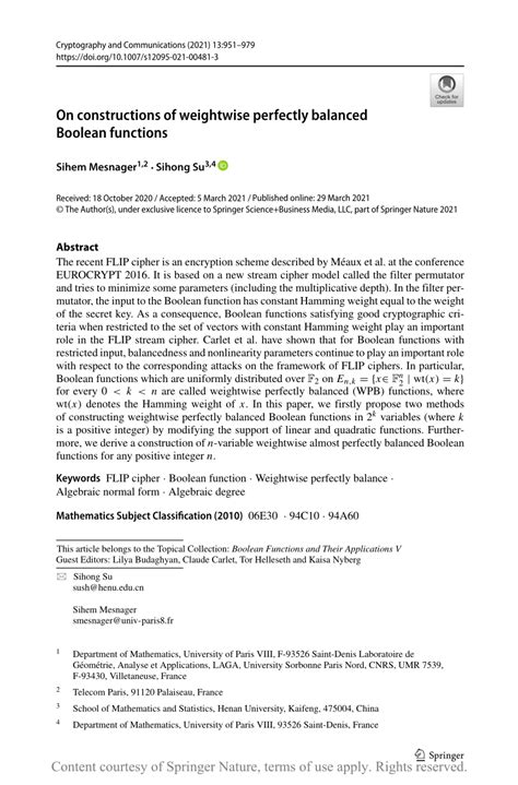 On Constructions Of Weightwise Perfectly Balanced Boolean Functions Request Pdf