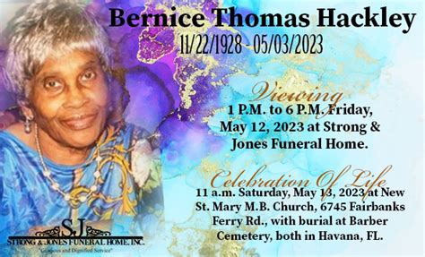 Mrs Bernice Thomas Hackley Obituary In Tallahassee At Strong And Jones Funeral Home Inc Obit