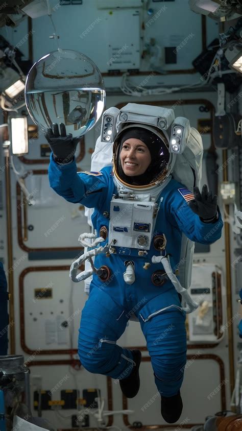 Female Astronaut In Blue Spacesuit Floating Inside Space Station
