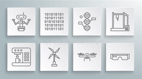 set line coffee machine binary code wind turbine drone flying smart