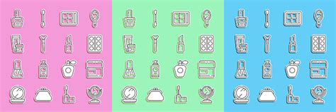 세트 라인 라운드 메이크업 미러 크림 로션 화장품 튜브 아이 섀도우 팔레트 메이크업 브러쉬 매니큐어 병 과 립스틱 아이콘 벡터 3월에 대한 스톡 벡터 아트 및 기타 이미지