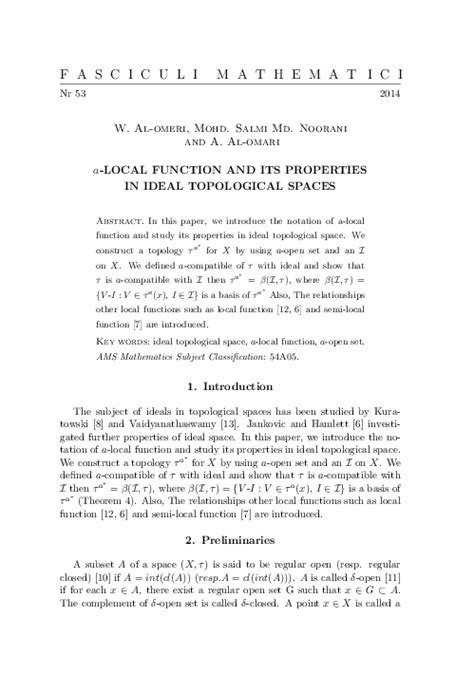 Pdf A Local Function And Its Properties In Ideal Topological Spaces