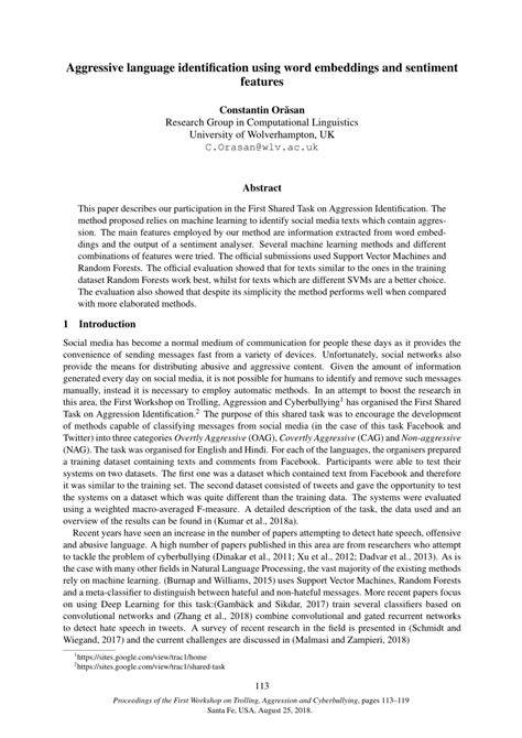 Pdf Aggressive Language Identification Using Word Embeddings And Sentiment Features
