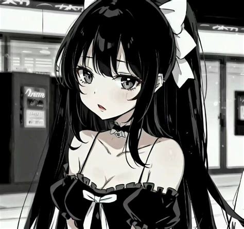 An Anime Girl With Long Black Hair Standing In Front Of A Store