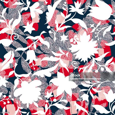 꽃 식물 배경 단풍 꽃 실루엣 나뭇가지로 만든 매끄러운 패턴 콜라주 그래픽 화려한 뜨개질 그물 질감잎 일러스트레이션 직물 및 직물 디자인 0명에 대한 스톡 벡터 아트 및