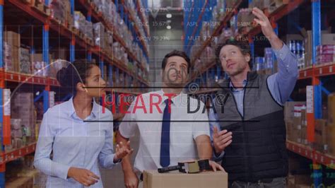 Animation Of Data Processing And National Heart Day Text Over Diverse Workers In Warehouse Stock