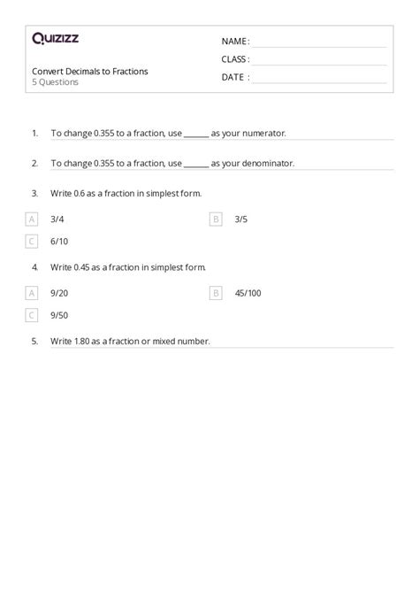 50 converting decimals and fractions worksheets for 6th grade on