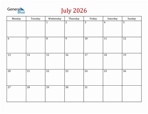 July 2026 Monthly Calendar Monday Start