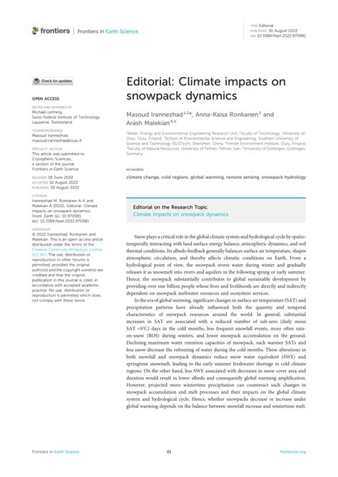 Pdf Editorial Climate Impacts On Snowpack Dynamics