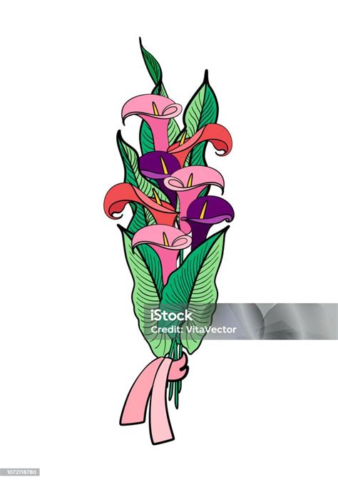 컬러 그래픽 디자인 카드 축 하 단풍 축제 핑크 레드 바이올렛 칼라 릴리 꽃의 꽃다발의 그리기 이벤트에 초대 벡터 일러스트 배경에서 분리입니다 개체 그룹에 대한 스톡 벡터