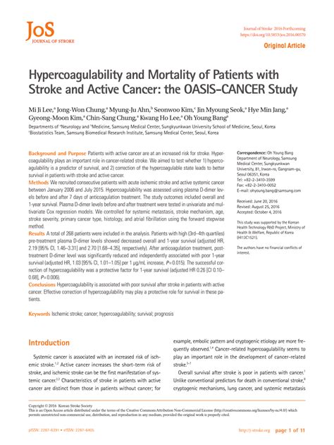 Pdf Hypercoagulability And Mortality Of Patients With Stroke And Active Cancer The Oasis