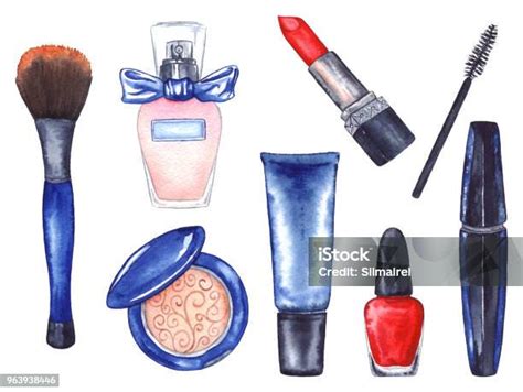 빨간 립스틱 매니큐어 브러쉬 파우더 향수 화장품 메이크업 수채화 여자 마스카라 크림 튜브 격리 설정 개인 장식품에 대한 스톡 벡터 아트 및 기타 이미지 Istock