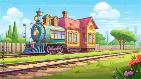 Cartoon Illustration Old Train With Railway Station In The Village