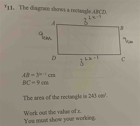 Solved 11 The Diagram Shows A Rectangle Abcd Ab 3 2x 1 Cm Bc 9cm The Area Of The Rectangle