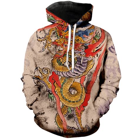 Chinese Dragon Print Hoodie In Polyester And Spandex