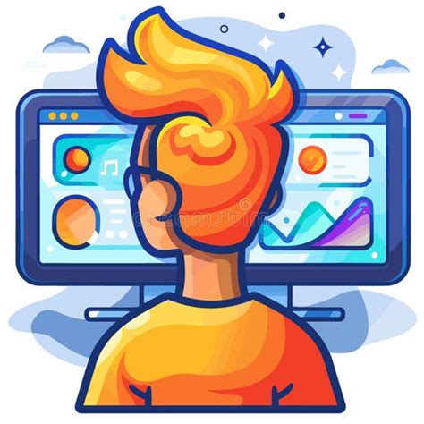 Man Is Sitting In Front Of A Computer Monitor Stock Vector