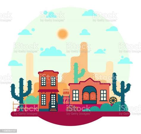 야생 서쪽의 작은 마을 평평한 타일의 벡터 만화 일러스트 레이 션 2차 도형에 대한 스톡 벡터 아트 및 기타 이미지 2차 도형 개념 개척시대의 서부 Istock