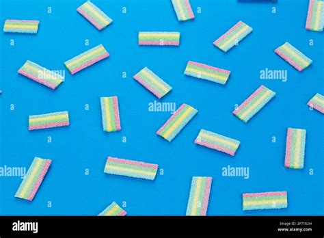 Colorful Gummy Candy Pattern On An Blue Background Soft Gums Look From Above Variation Concept