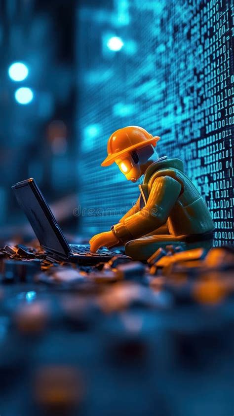 Toy Figure In Construction Outfit Works On Laptop Amidst Glowing Binary Code Stock Illustration
