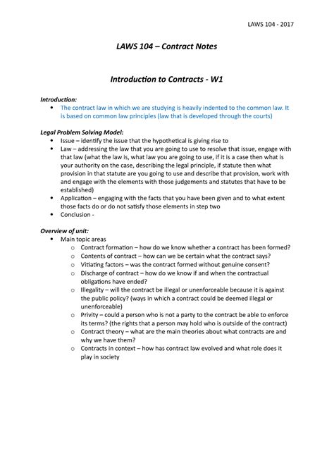 Laws 104 Contract Notes Laws 104 2017 Laws 104 Contract Notes Introduction To Contracts
