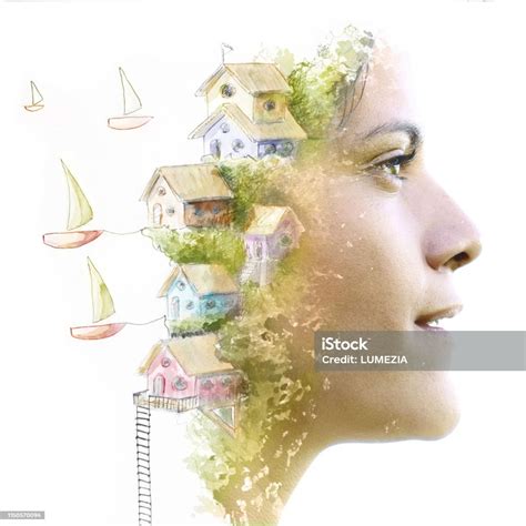 진통제 이중 노출은 중에 집의 외부에 정박 요트의 손으로 그려진 그림으로 결합 된 여자의 가까이 부동산에 대한 스톡 사진 및 기타 이미지 Istock